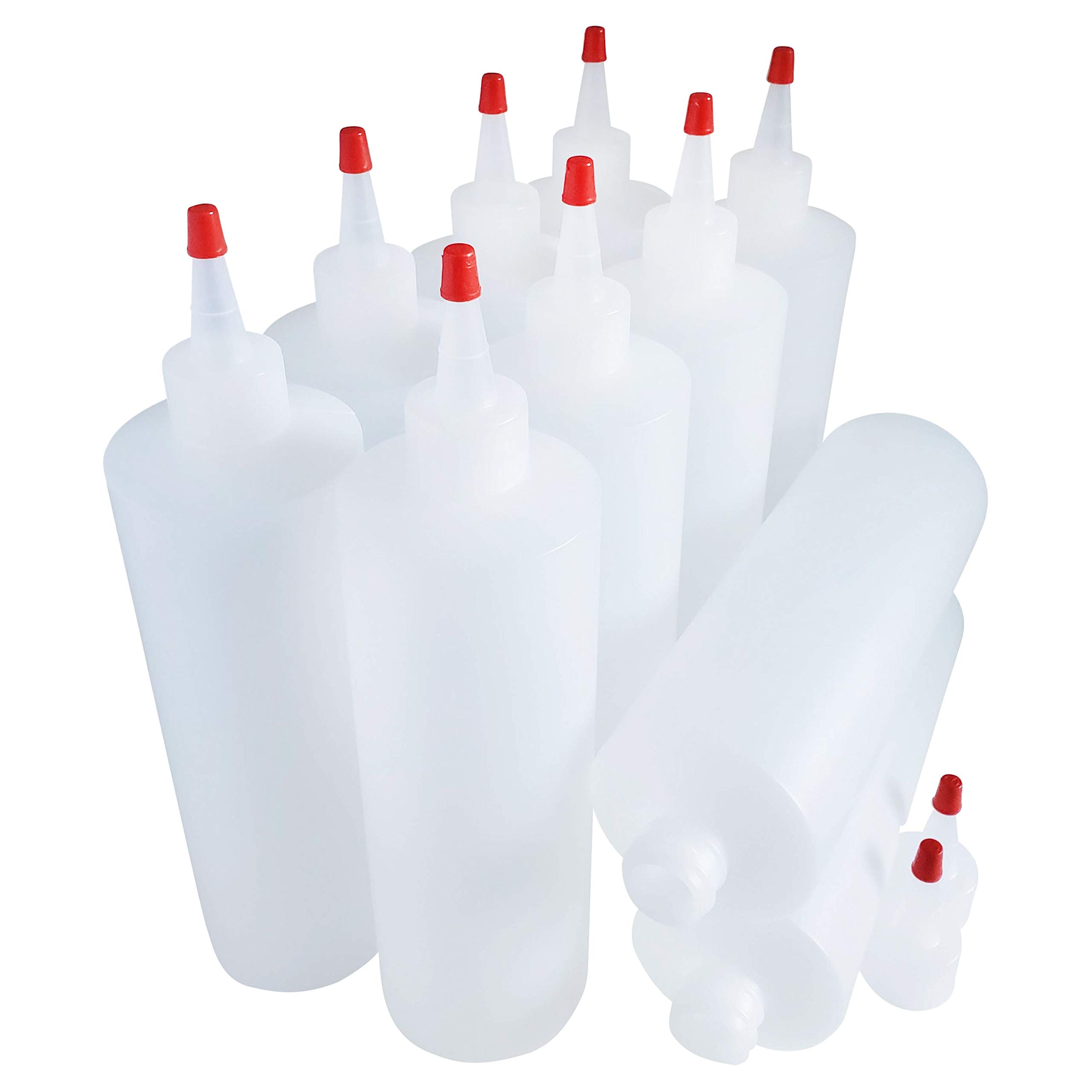 Kelkaa 16oz HDPE Durable Plastic Squeeze Bottles with Yorker Red Cap Natural Clear Bottles for Food, Crafts, Any DIY Liquid Products, Multi Purpose Refillable Bottles (Pack of 10)