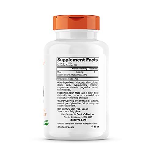 Doctor's Best MSM with OptiMSM, Non-GMO, Gluten Free, Joint Support, 1500 mg, 120 Tablets (DRB-00097)