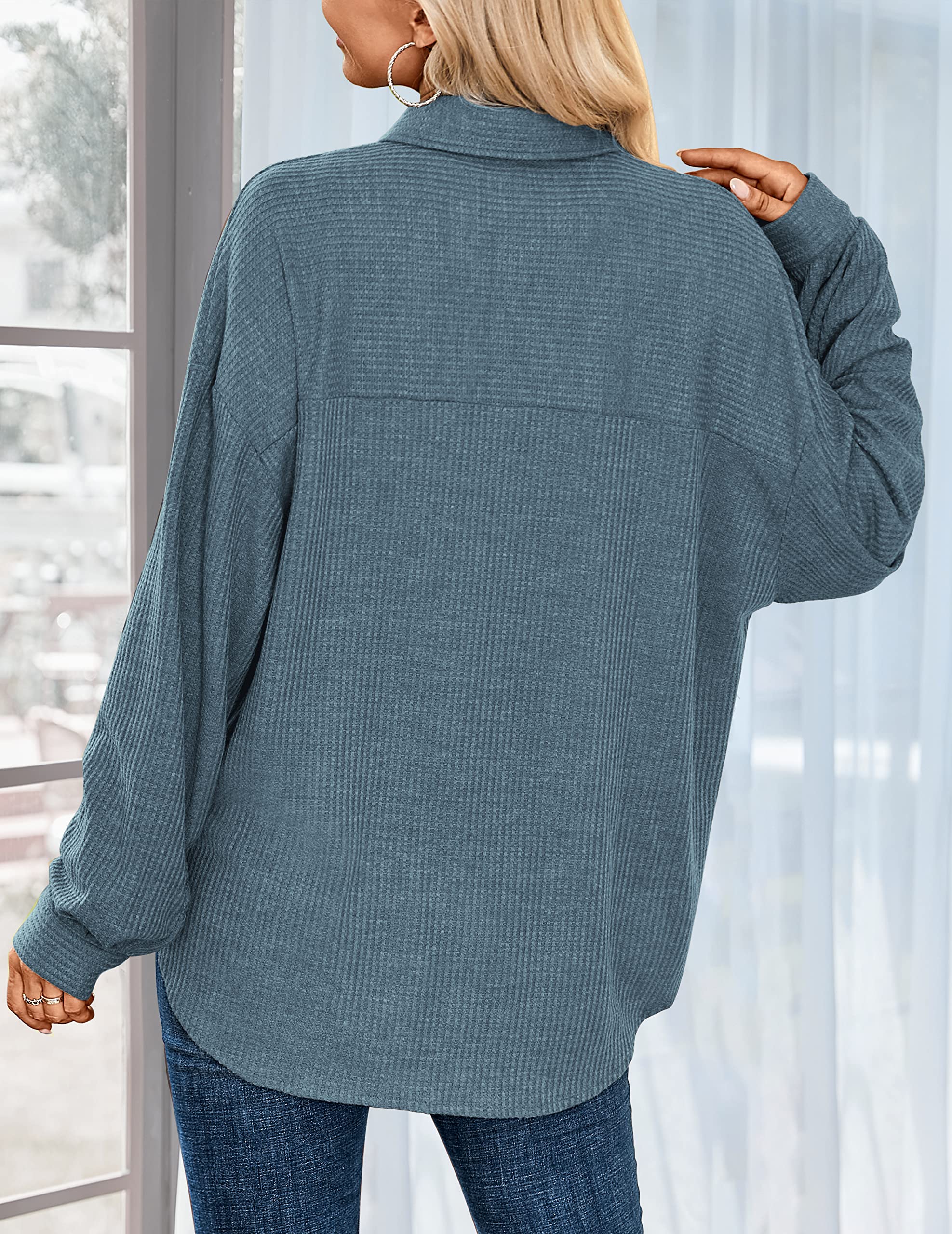 HOTOUCH Waffle Knit Shacket Womens Button Down Shirts Casual Long Sleeve V Neck Button up Blouse Clear Blue S
