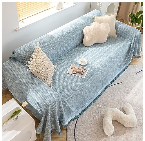 Homxi Couch Cover 4 Cushion Sectional,71" W x 134" L,Sofa Cover Solid Color with Tassels Couch Cover Cotton Linen Chaise Sofa Cover Blue