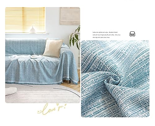 Homxi Couch Cover 4 Cushion Sectional,71" W x 134" L,Sofa Cover Solid Color with Tassels Couch Cover Cotton Linen Chaise Sofa Cover Blue
