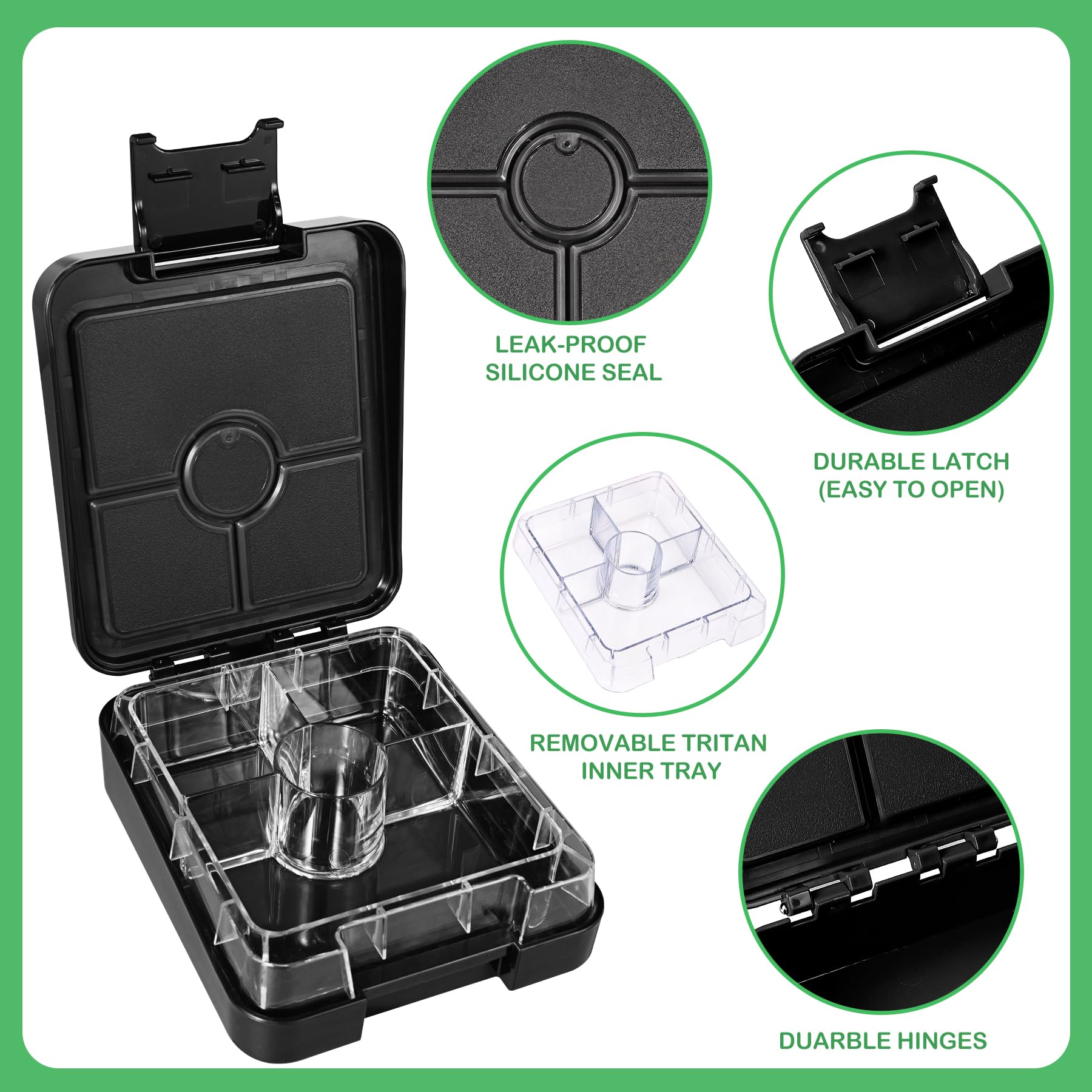 Pawtong Bento Lunch Box Set With 10oz Soup Thermo, Leak-proof Lunch Containers with 4 Compartment, Kids Hot Thermo Food Jar/Insulation Lunch Bag, Food Containers for School (Black)