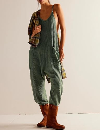 morhuduck Women's Sleeveless Jumpsuits Casual Waffle Knit Rompers V Neck Loose Overalls Spaghetti Strap One Piece Jumpsuits with Pockets,Green S