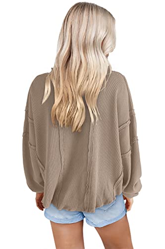 Panadila Women's Oversized Waffle Knit Pullover Casual Long Sleeve Tops Trendy Round Neck Tunic Shirts(Light Brown,L)