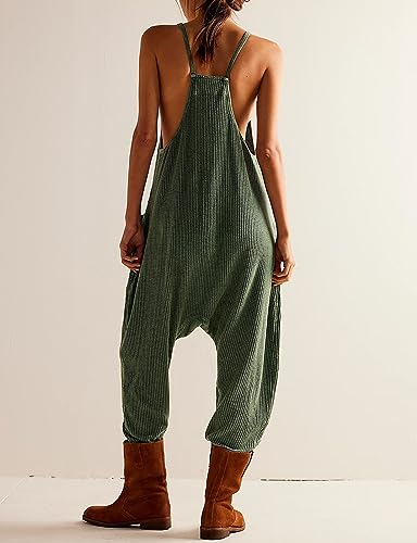 morhuduck Women's Sleeveless Jumpsuits Casual Waffle Knit Rompers V Neck Loose Overalls Spaghetti Strap One Piece Jumpsuits with Pockets,Green S