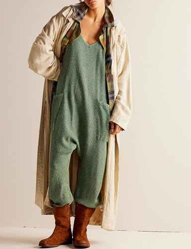 morhuduck Women's Sleeveless Jumpsuits Casual Waffle Knit Rompers V Neck Loose Overalls Spaghetti Strap One Piece Jumpsuits with Pockets,Green S