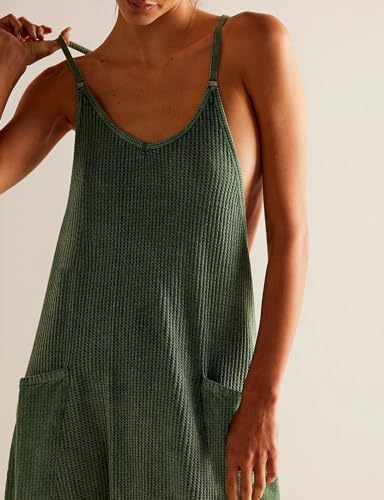 morhuduck Women's Sleeveless Jumpsuits Casual Waffle Knit Rompers V Neck Loose Overalls Spaghetti Strap One Piece Jumpsuits with Pockets,Green S