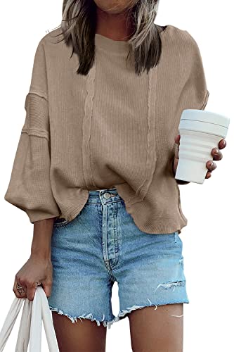 Panadila Women's Oversized Waffle Knit Pullover Casual Long Sleeve Tops Trendy Round Neck Tunic Shirts(Light Brown,L)