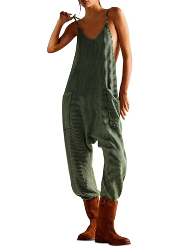 morhuduck Women's Sleeveless Jumpsuits Casual Waffle Knit Rompers V Neck Loose Overalls Spaghetti Strap One Piece Jumpsuits with Pockets,Green S