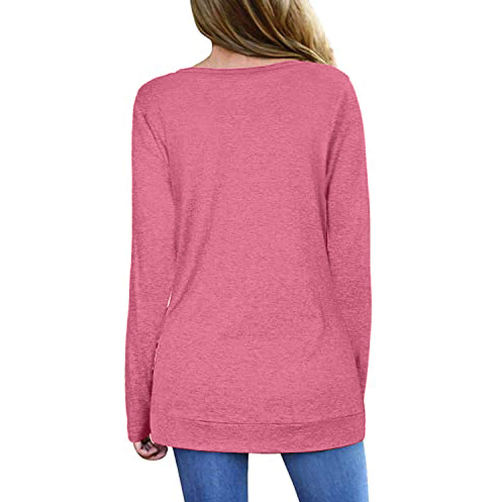 Women Long Sleeve Shirts Loose Side Button Trim Blouse Classic Color Patchwork V-Neck Tunic Pullover Tops Pink
