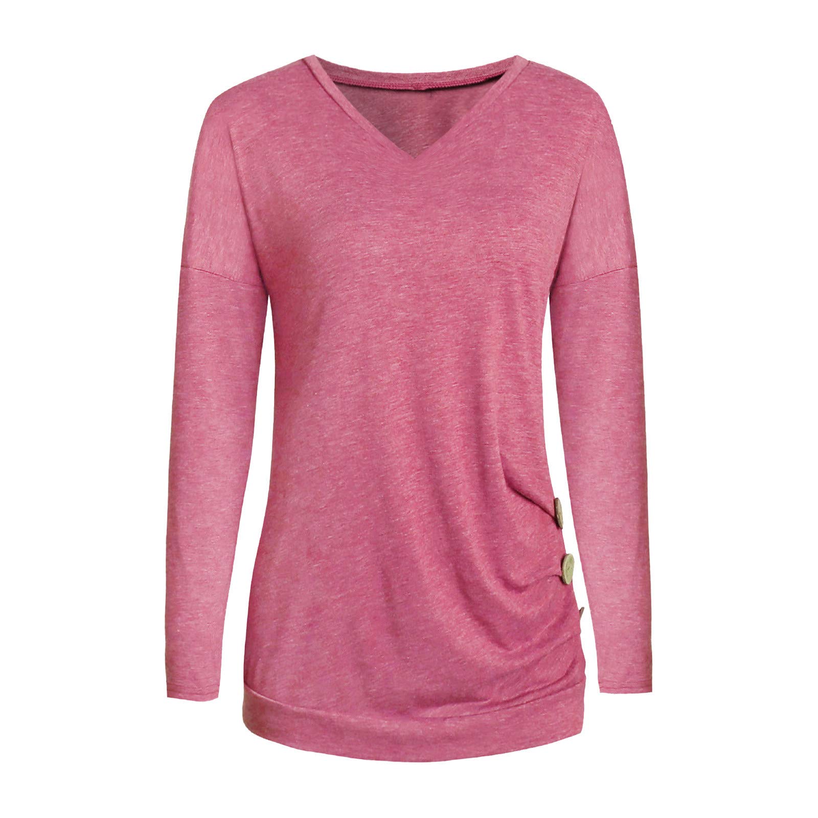 Women Long Sleeve Shirts Loose Side Button Trim Blouse Classic Color Patchwork V-Neck Tunic Pullover Tops Pink