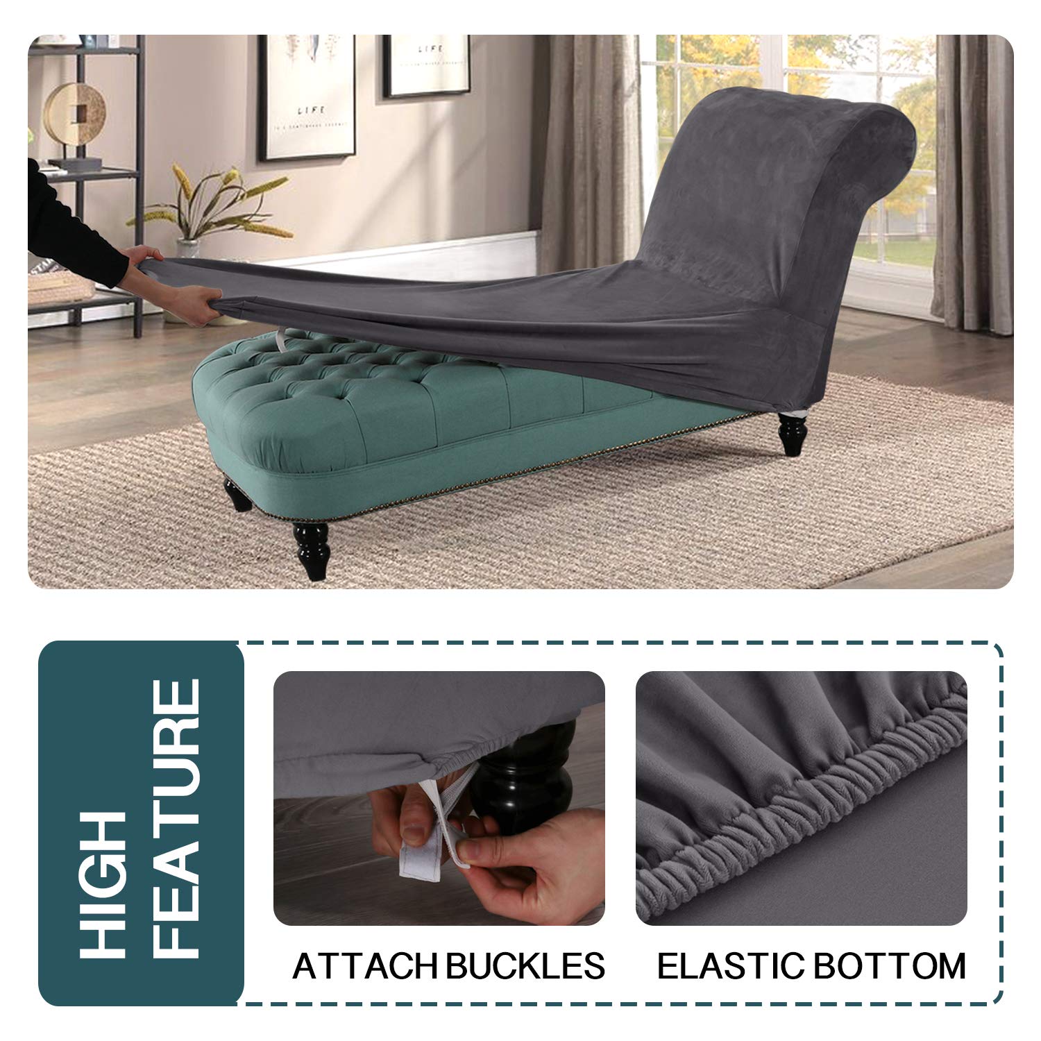 FantasDecor Chaise Lounge Velvet Luxury Covers for Living Room Indoor Stretch Slipcover for Chaise Lounge Ultra Soft Machine Washable, Grey