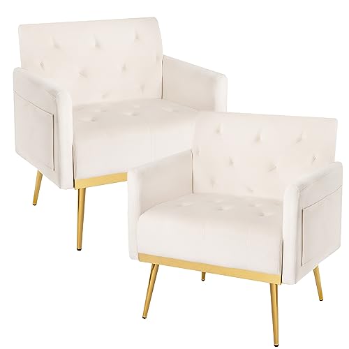 COCO DESIGN Velvet Accent Chair Set of 2 w/Gold Metal Legs, Mid Century Modern Reading Chair w/Side Pocket,Comfy Single Sofa Armchair for Living Room, Bedroom, Beige