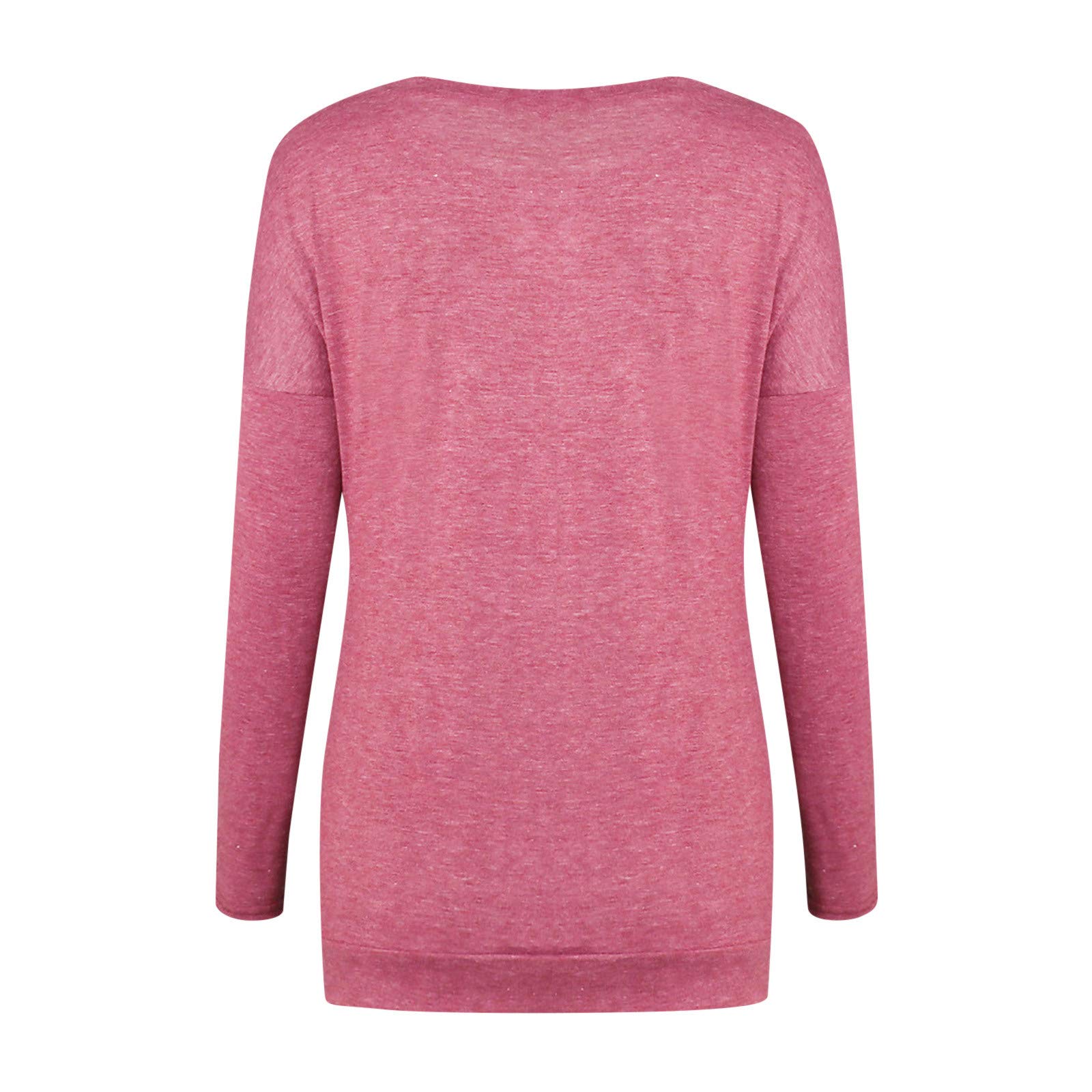 Women Long Sleeve Shirts Loose Side Button Trim Blouse Classic Color Patchwork V-Neck Tunic Pullover Tops Pink