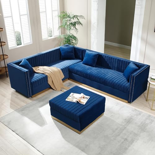 Holaki Vintage Glamour Channel Tufted Velvet SectionalSofa,Modern Upholstered 5 Seater Corner Couch,Solid Wood Frame Accent Sofa Sets for Living Room with Nailhead Trim,Ottoman and 4 Pillows(Blue)