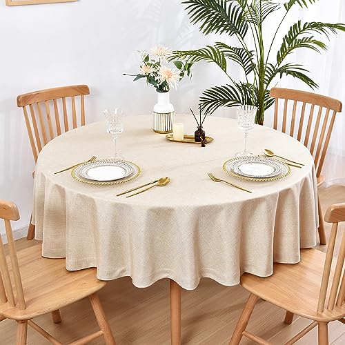 Wolkemer Faux Linen Round Tablecloth Heavy Duty Wrinkle Resistant Fabric Table Cloths 60 Inch Beige Coffee Table Cover for Kitchen Dining Indoor Outdoor Tabletop Decoration