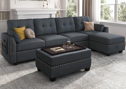 HONBAY Convertible Sectional Sofa Couch Set L-Shape Sofa Couch Set 4 Seat Sofa Sectional with Storage Ottoman for Living Room,Bluish Grey (Sectional+Tray Ottoman)