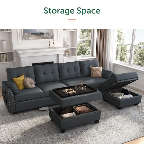 HONBAY Convertible Sectional Sofa Couch Set L-Shape Sofa Couch Set 4 Seat Sofa Sectional with Storage Ottoman for Living Room,Bluish Grey (Sectional+Tray Ottoman)