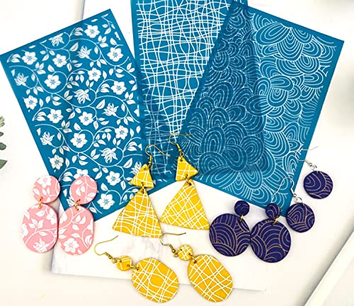 Alinacutle Polymer Clay Silk Screen Stencils for Earrings Printing DIY Jewelry, 3- Silkscreen Stencils & 1- Squeegee