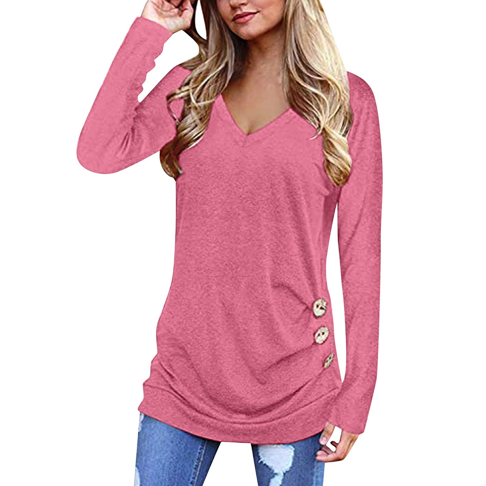 Women Long Sleeve Shirts Loose Side Button Trim Blouse Classic Color Patchwork V-Neck Tunic Pullover Tops Pink