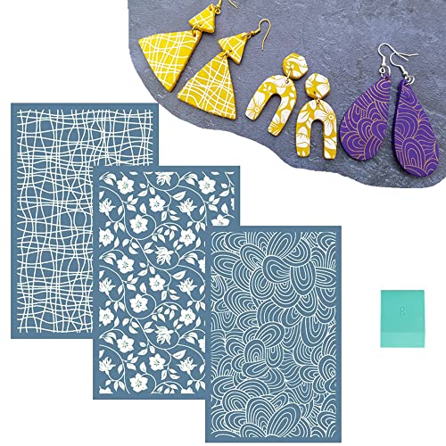 Alinacutle Polymer Clay Silk Screen Stencils for Earrings Printing DIY Jewelry, 3- Silkscreen Stencils & 1- Squeegee