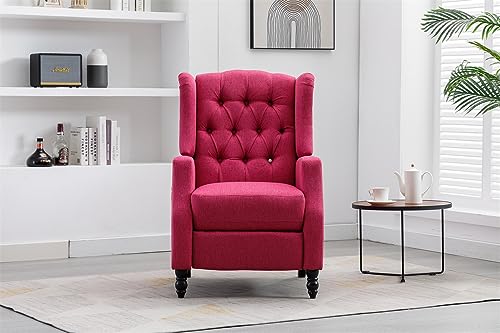 Arm Pushing Recliner Chair, Modern Button Tufted Wingback Manual Push Back Recliner Chair with Wood Leg & Side Pocket, Upholstered Living Room Chair Single Reclining Sofa Home Theater Seating Rose Red