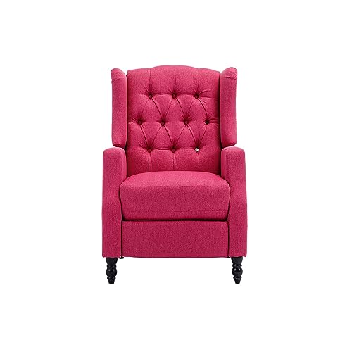 Arm Pushing Recliner Chair, Modern Button Tufted Wingback Manual Push Back Recliner Chair with Wood Leg & Side Pocket, Upholstered Living Room Chair Single Reclining Sofa Home Theater Seating Rose Red