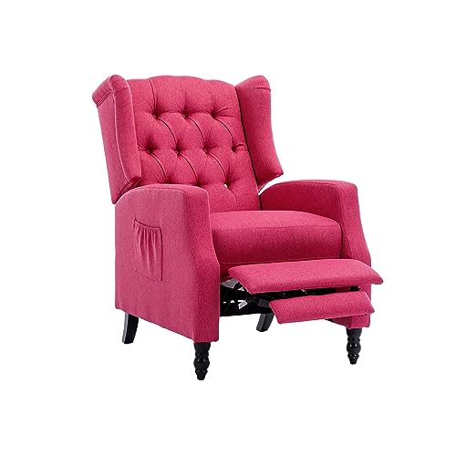 Arm Pushing Recliner Chair, Modern Button Tufted Wingback Manual Push Back Recliner Chair with Wood Leg & Side Pocket, Upholstered Living Room Chair Single Reclining Sofa Home Theater Seating Rose Red