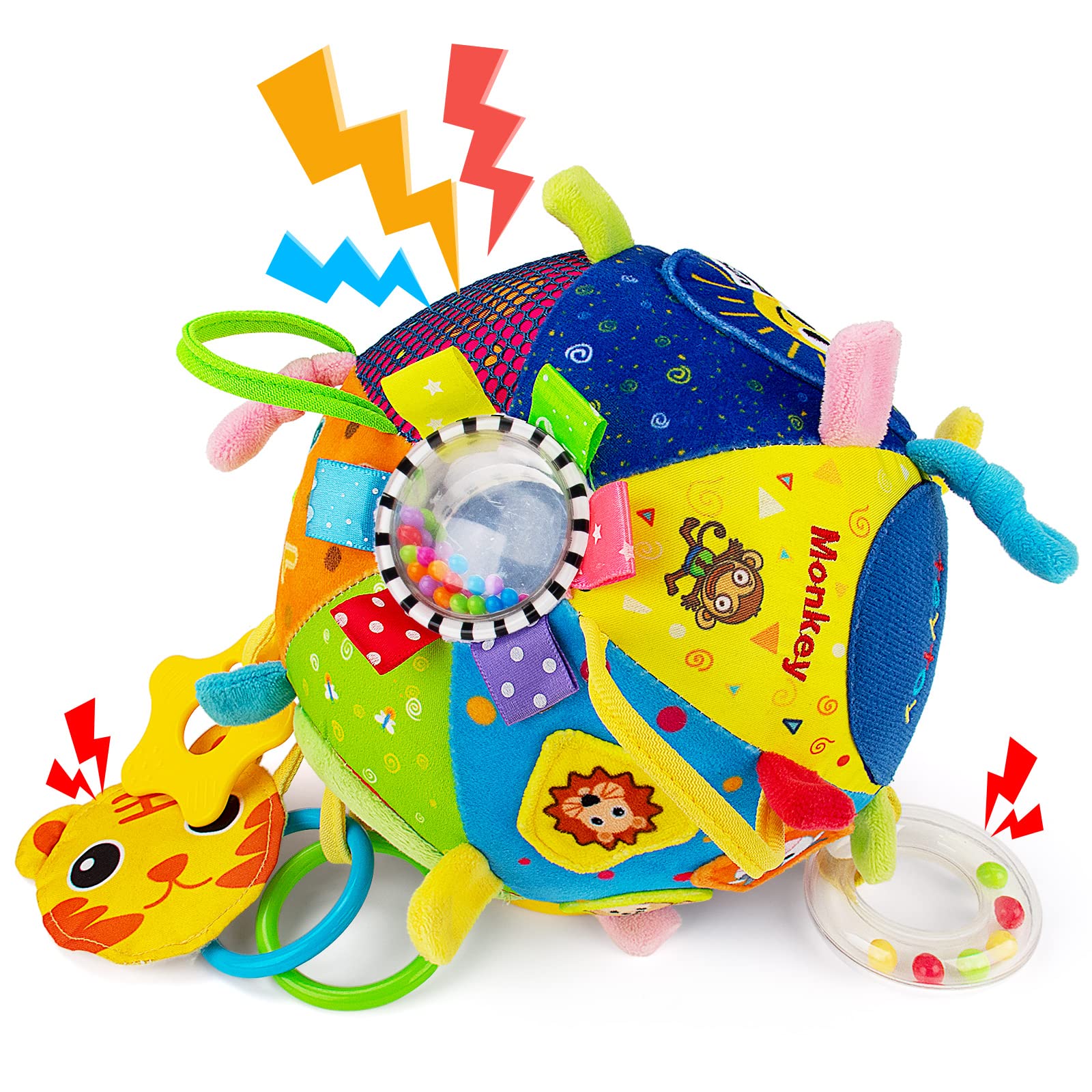 Busy Sensory Ball Baby Toys for 0-12 Months,Developmental Activity Ball Infant Toys with Baby Rattles Teether Crinkle Sounds,Discover Ball Gifts,Easy to Grasp Encourage Tummy Time Fine Motor Skills