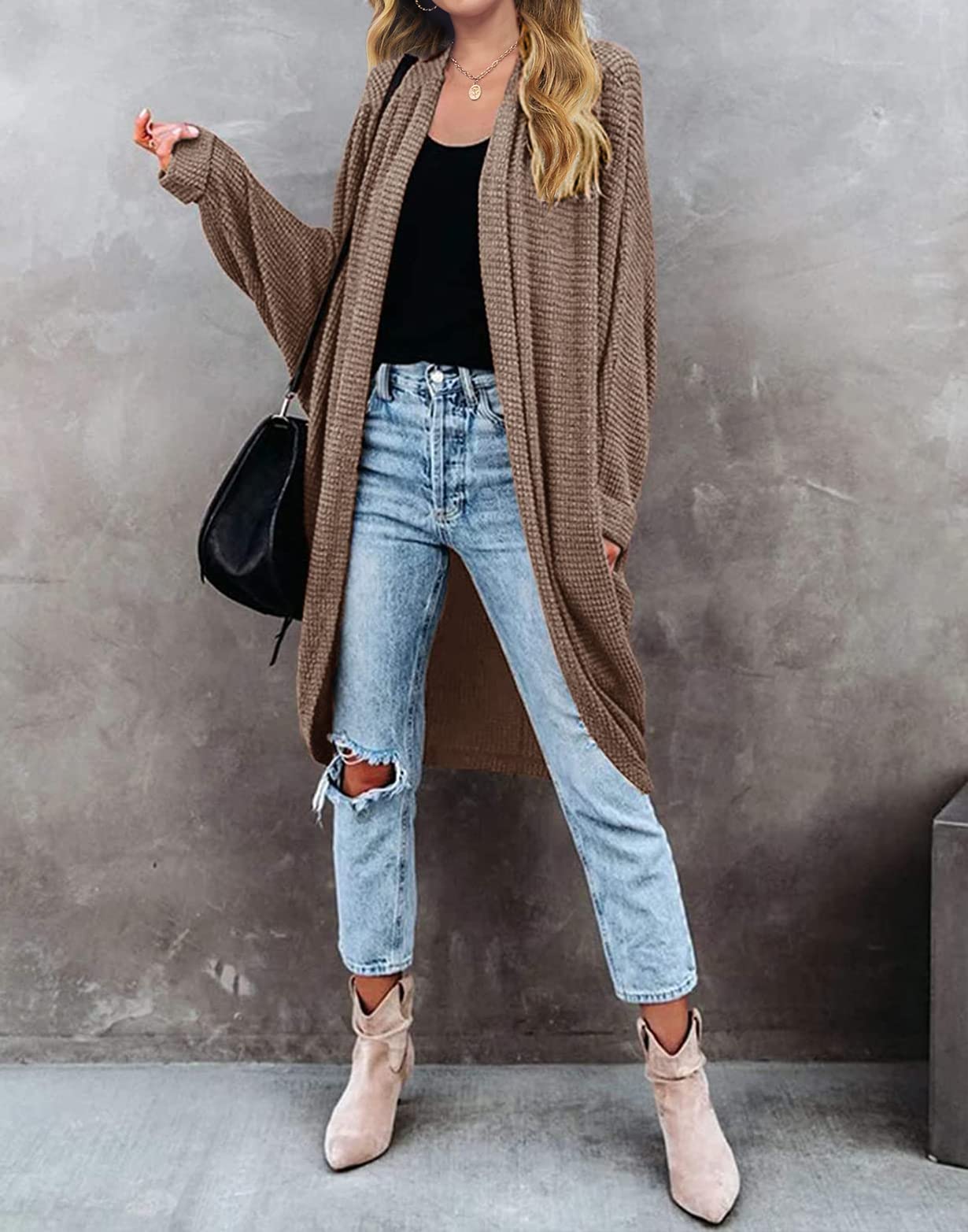 MEROKEETY Women's 2024 Fall Waffle Knit Batwing Long Sleeve Cardigan Loose Open Front Sweater Coat, Brown, XX-Large