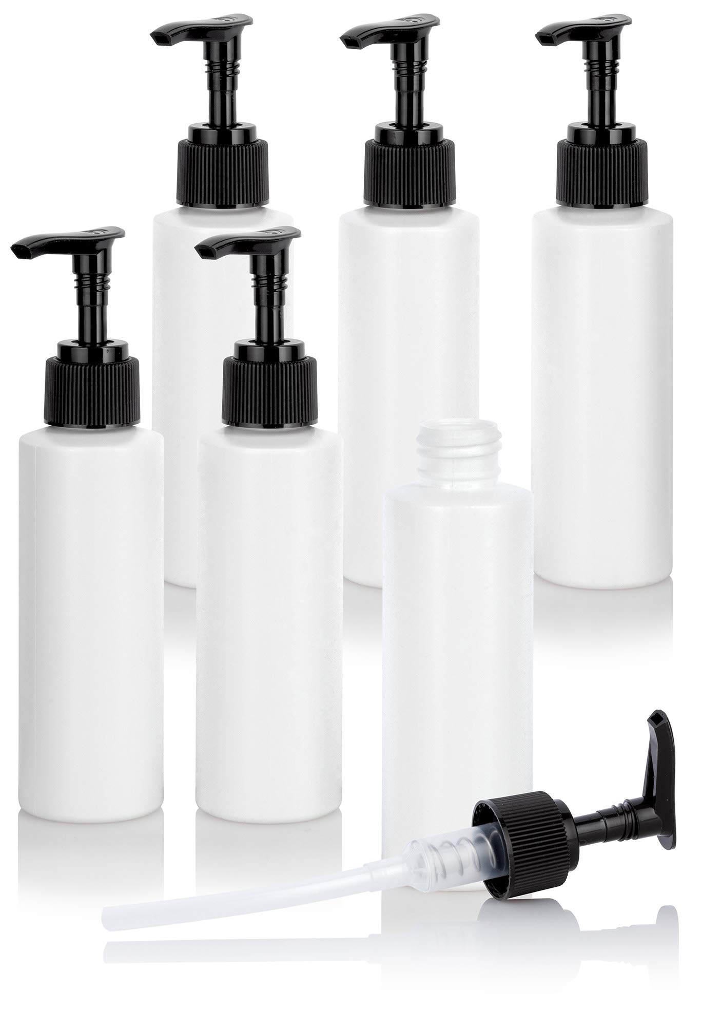 4 oz / 120 ml White Plastic HDPE Refillable Cylinder Squeeze Bottle with Black Lotion Pump (6 Pack)