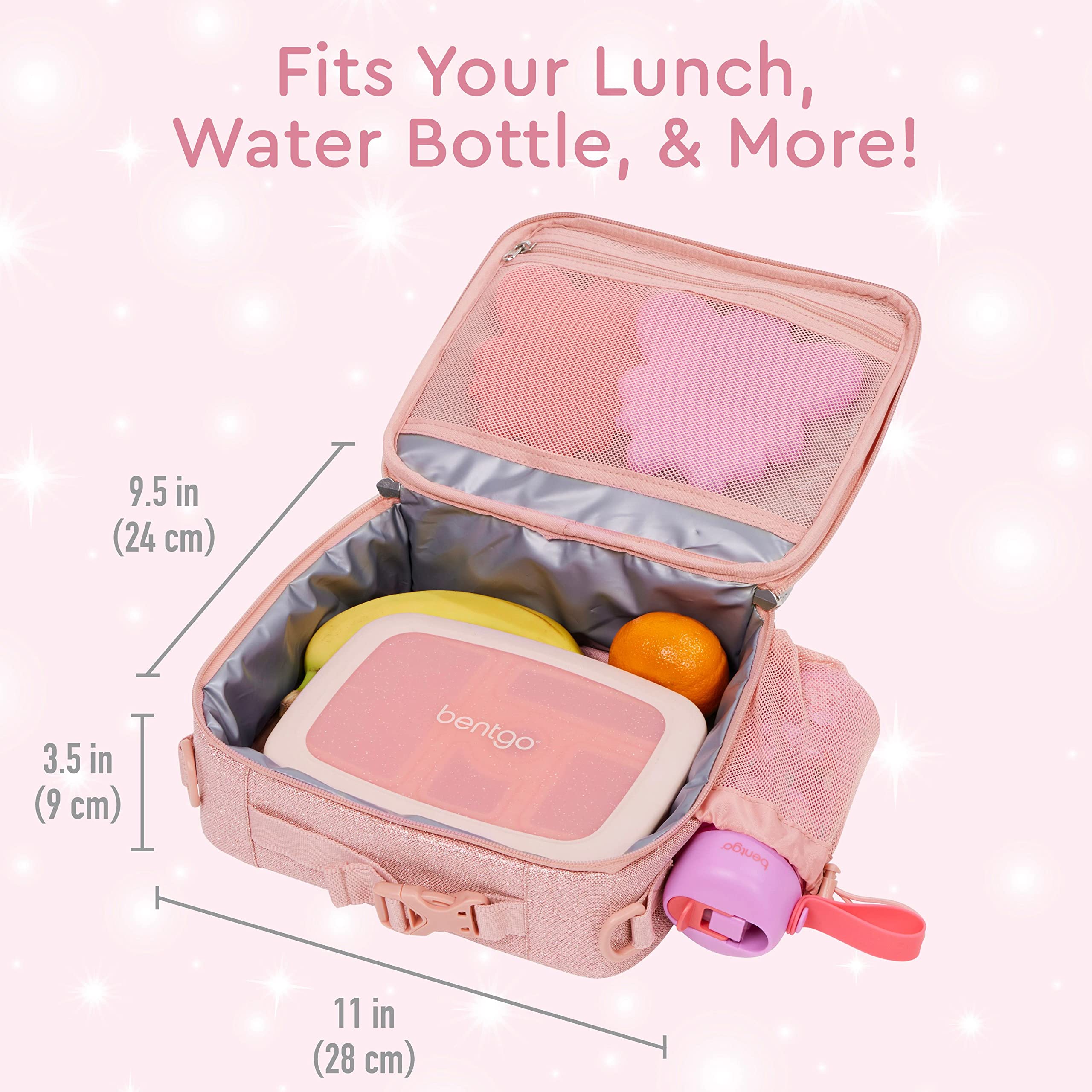 Bentgo® Kids 5-Compartment Lunch Box Set With Insulated Lunch Bag and 2-in-1 Backpack & Insulated Lunch Bag (Glitter Edition - Petal Pink)