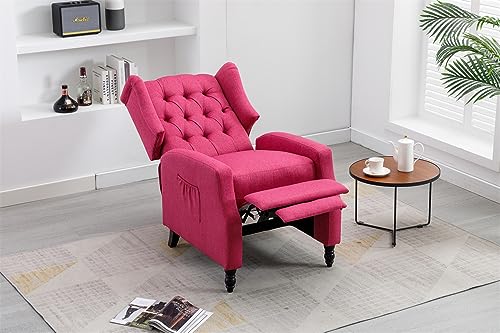 Arm Pushing Recliner Chair, Modern Button Tufted Wingback Manual Push Back Recliner Chair with Wood Leg & Side Pocket, Upholstered Living Room Chair Single Reclining Sofa Home Theater Seating Rose Red
