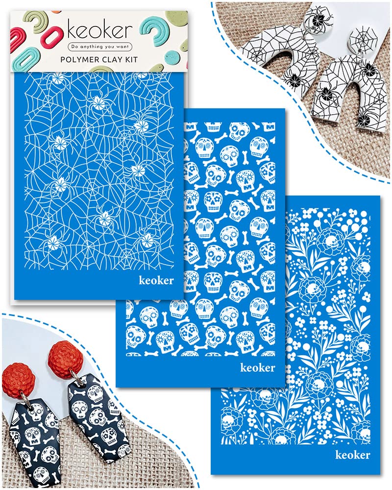 KEOKER Halloween Silk Screen for Polymer Clay, 3 PCS Reusable Silk Screen Stencils for Polymer Clay on Clay & Other Jewelry Clay Earrings Decoration, Each 6" X 3.8" (3PC Halloween 2)
