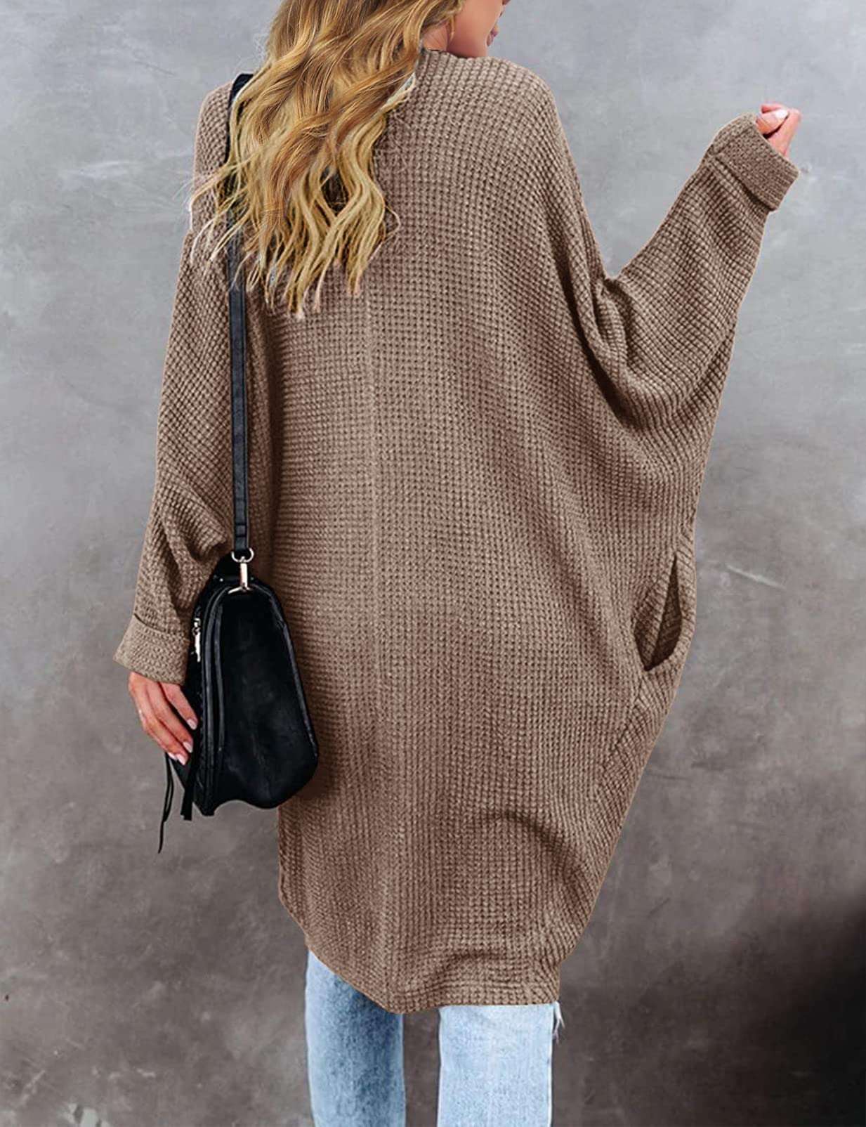 MEROKEETY Women's 2024 Fall Waffle Knit Batwing Long Sleeve Cardigan Loose Open Front Sweater Coat, Brown, XX-Large