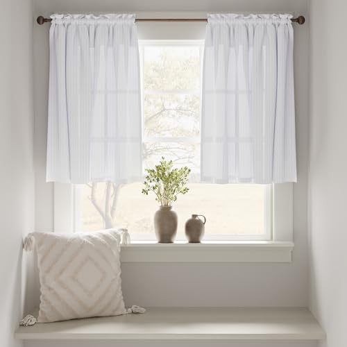 jinchan White Kitchen Curtains 36 Inch Tier Curtains Waffle Woven Textured Cafe Curtains Half Window Curtain Set Rod Pocket Light Filtering for Bathroom Sink Laundry Room Basement RV 2 Panels