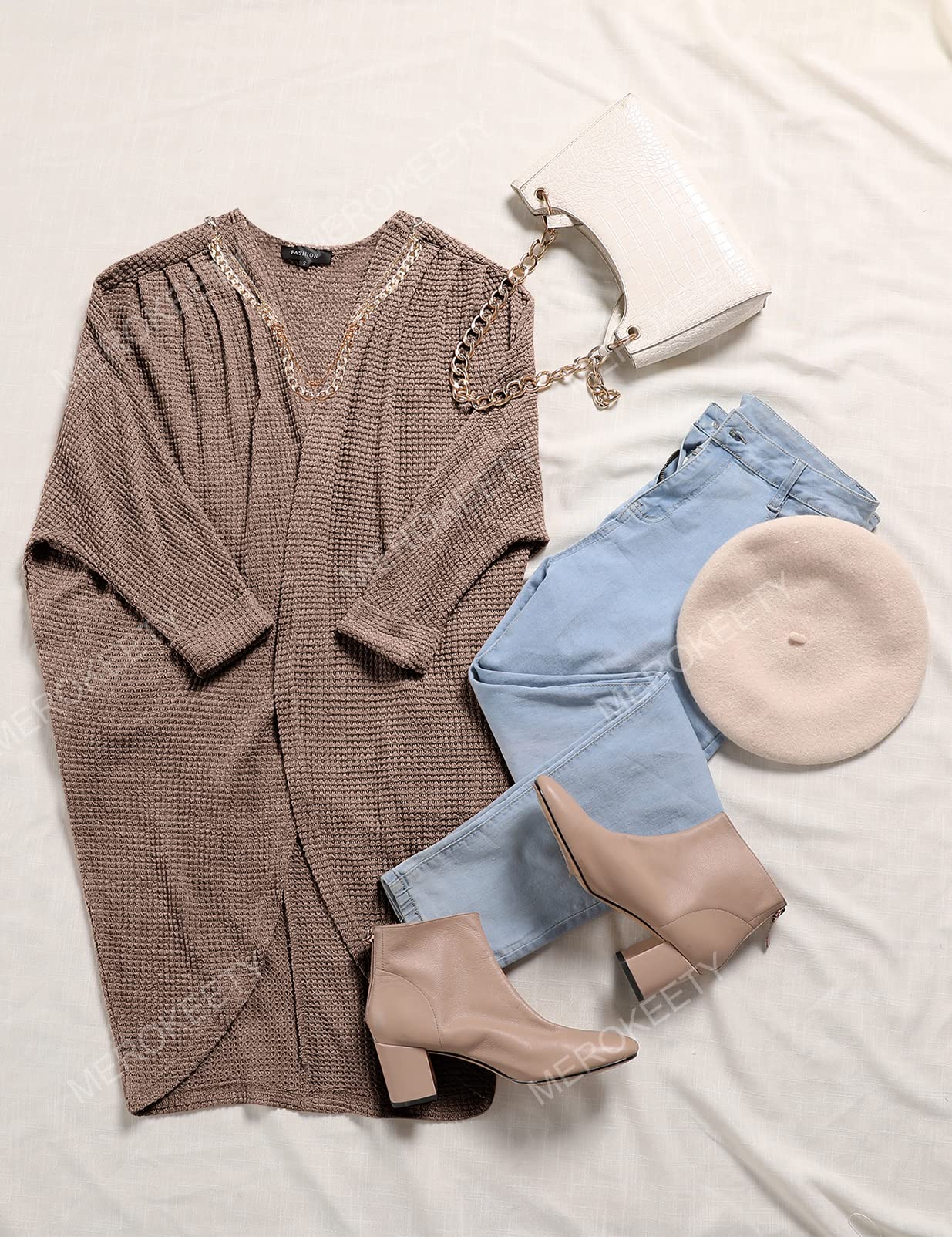MEROKEETY Women's 2024 Fall Waffle Knit Batwing Long Sleeve Cardigan Loose Open Front Sweater Coat, Brown, XX-Large