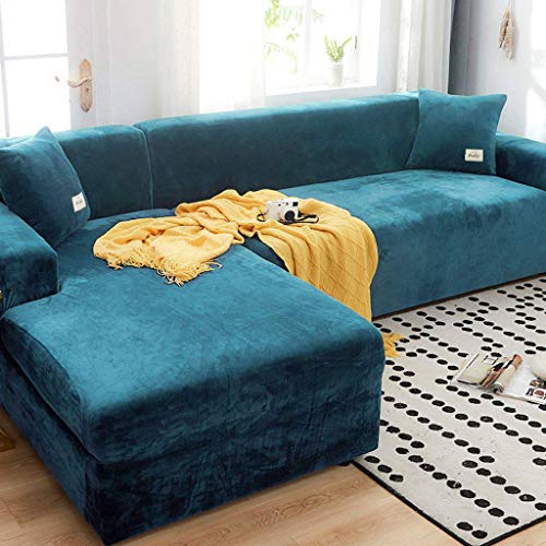 IMYOGI High Stretch Sofa Covers Thick Sofa Covers 1/2/3/4 Seater L Shape Sofa Protector Velvet Easy Fit Elastic Fabric Stretch Couch Slipcover-4 Seater+4 Seater-Lake Blue
