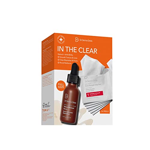 Dr. Dennis Gross In The Clear Retinol + AHA/BHA SetL Alpha Beta Extra Strength Daily Peel (14 Packettes) + Advanced Retinol + Ferulic Texture Renewal Serum (full size 1 oz)