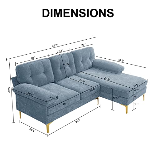 RYONGII 82.7" Convertible Sectional Sofa Chenille L Shaped Retro Couch with Chaise Reversible 4-Seat Sofa Sectional Couch Sets for Apartment, Machine Washable Cover,Easy to Assemble, Light Blue