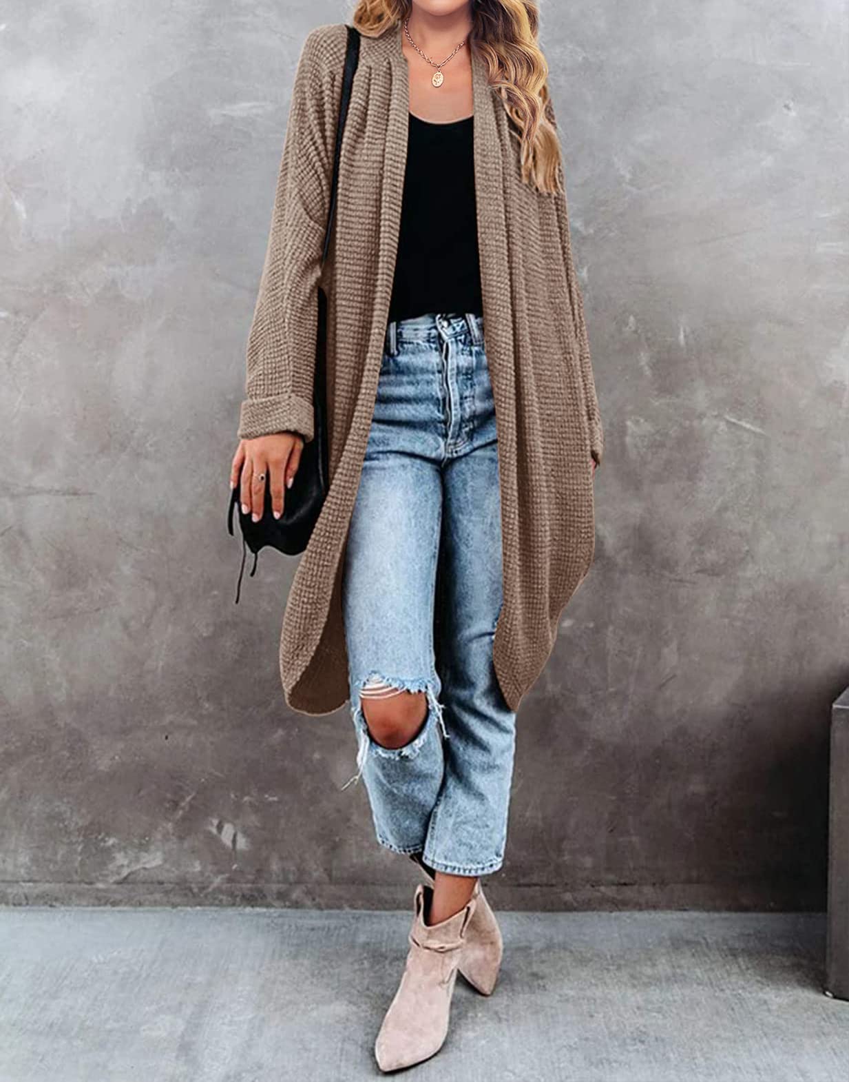 MEROKEETY Women's 2024 Fall Waffle Knit Batwing Long Sleeve Cardigan Loose Open Front Sweater Coat, Brown, XX-Large
