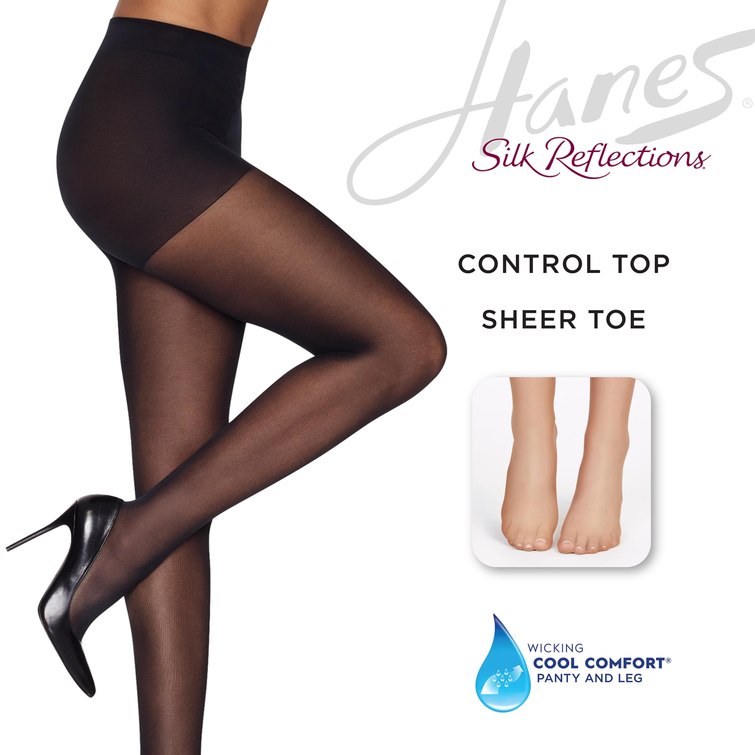 Hanes Silk Reflections Women's Sheerest Support Control Top, Barely Black, A/B