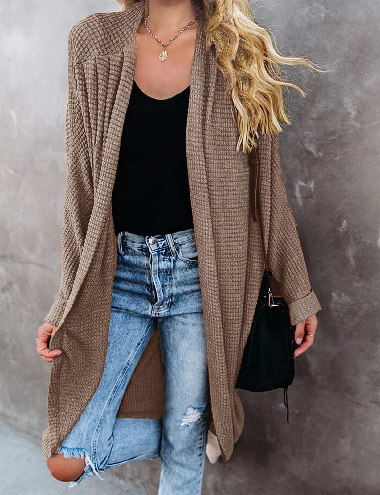 MEROKEETY Women's 2024 Fall Waffle Knit Batwing Long Sleeve Cardigan Loose Open Front Sweater Coat, Brown, XX-Large