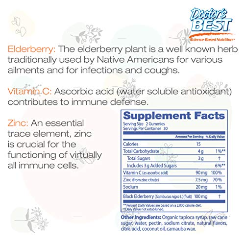 Doctor's Best Elderberry Gummies with Vitamin C & Zinc, 60 Ct, Chewable Immune Support, Antioxidant Herbal Supplement, Non-GMO, Vegan (Packaging May Vary)