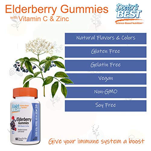 Doctor's Best Elderberry Gummies with Vitamin C & Zinc, 60 Ct, Chewable Immune Support, Antioxidant Herbal Supplement, Non-GMO, Vegan (Packaging May Vary)