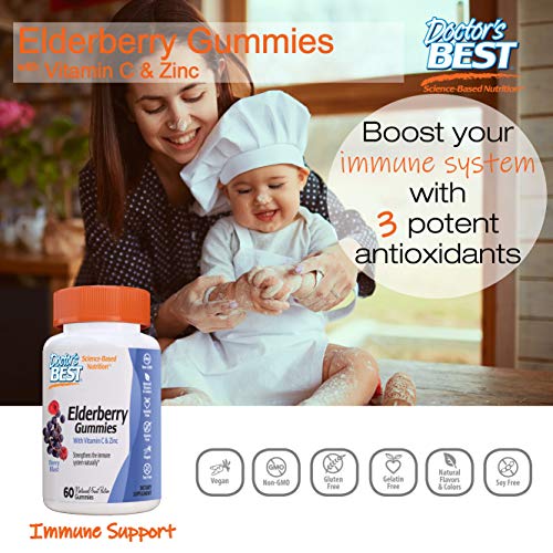 Doctor's Best Elderberry Gummies with Vitamin C & Zinc, 60 Ct, Chewable Immune Support, Antioxidant Herbal Supplement, Non-GMO, Vegan (Packaging May Vary)