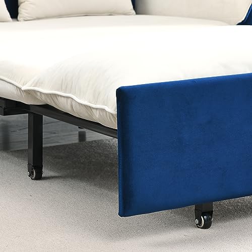 Verfur 3 in 1 Multi-Functional Futon Couch Pull Out Sleep, 2 Seater Convertible Loveseats Sofa with Adjustable Backrest,Comfy Upholstery Sofacama Sofabed, Blue White 57" Velvet w/ 4 Cushions