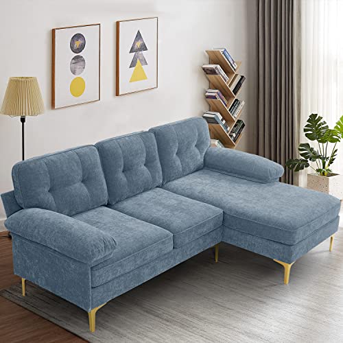 RYONGII 82.7" Convertible Sectional Sofa Chenille L Shaped Retro Couch with Chaise Reversible 4-Seat Sofa Sectional Couch Sets for Apartment, Machine Washable Cover,Easy to Assemble, Light Blue
