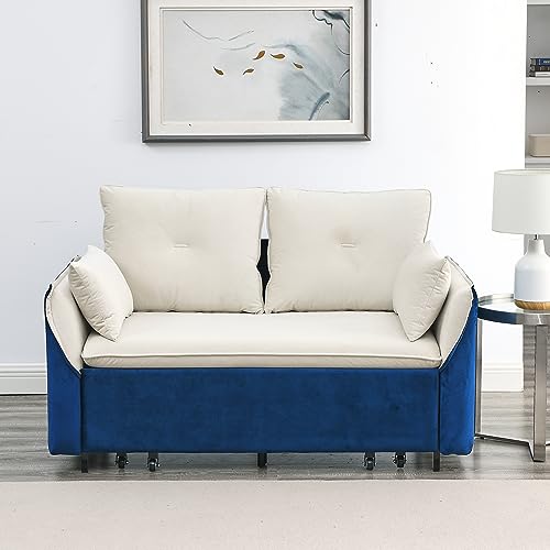 Verfur 3 in 1 Multi-Functional Futon Couch Pull Out Sleep, 2 Seater Convertible Loveseats Sofa with Adjustable Backrest,Comfy Upholstery Sofacama Sofabed, Blue White 57" Velvet w/ 4 Cushions