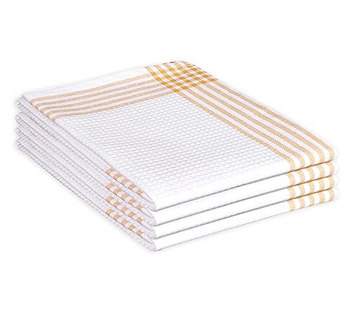 Softopia Cotton Set of 4 Border Waffle 100% Cotton Kitchen Dish Towels 18x26 Inches Absorbent Durable, Cleaning Towels with Hanging Loop, White Mustard Yellow